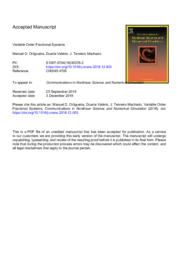 Pdf Variable Order Fractional Systems
