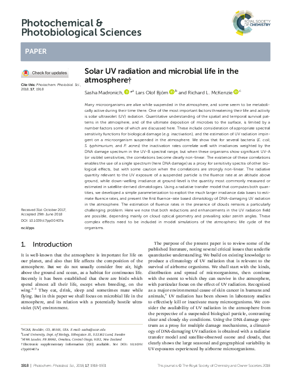 (PDF) Solar UV radiation and microbial life in the atmosphere