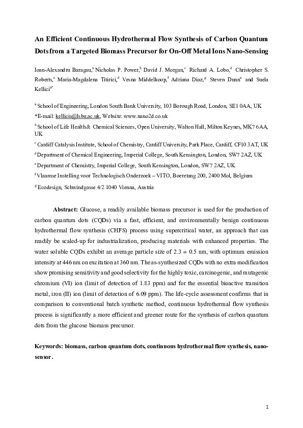(PDF) Efficient Continuous Hydrothermal Flow Synthesis of Carbon Quantum Dots from a Targeted ...