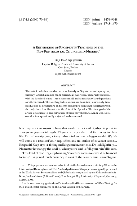(PDF) A Rethinking of Prosperity Teaching in the New Pentecostal ...