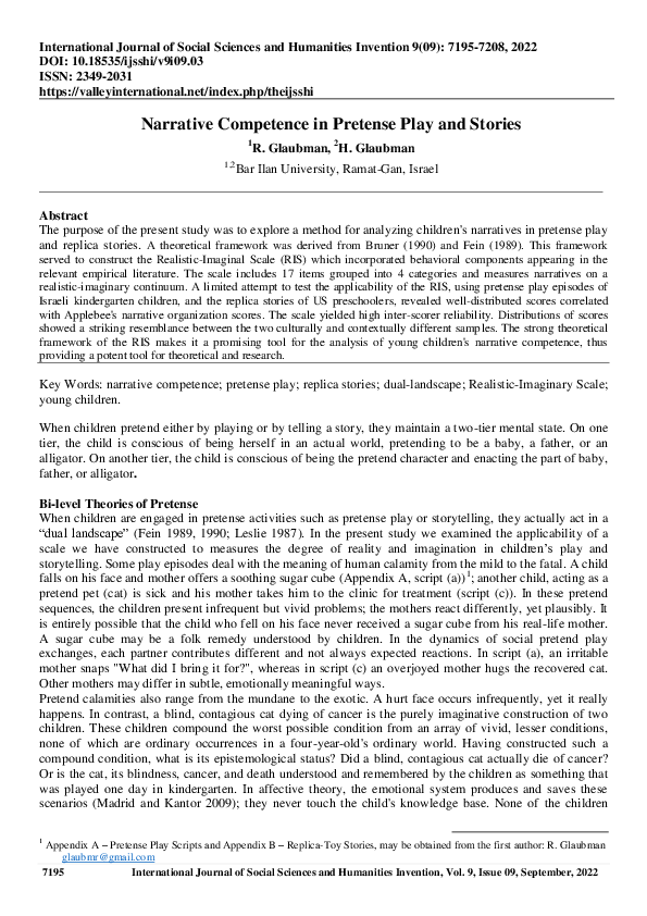 (PDF) Narrative Competence in Pretense Play and Stories