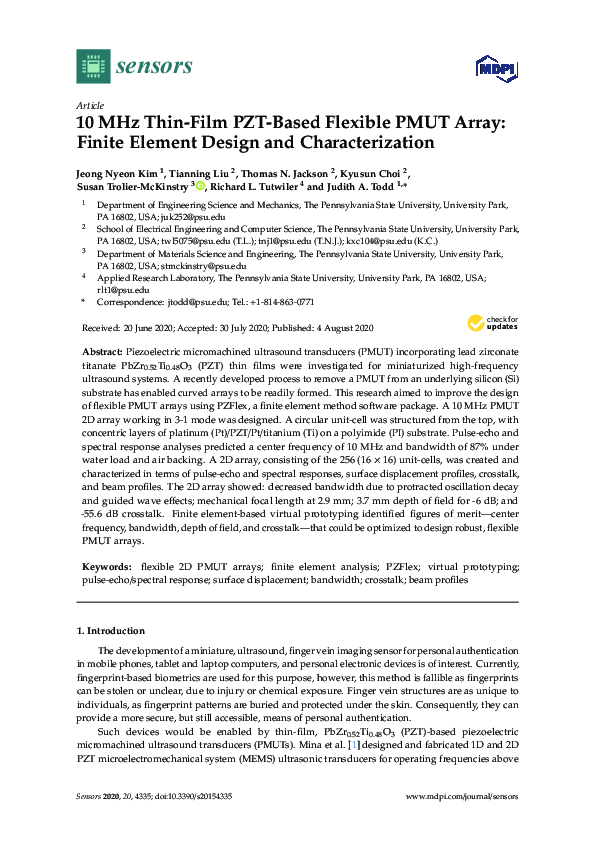 (PDF) 10 MHz Thin-Film PZT-Based Flexible PMUT Array: Finite Element Design and Characterization
