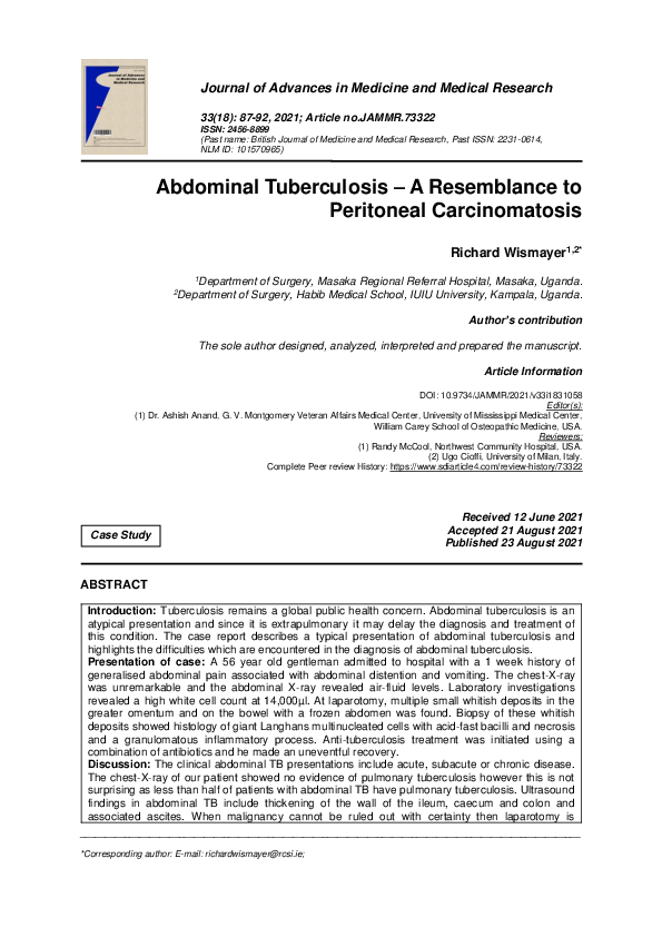 (PDF) Abdominal Tuberculosis – A Resemblance to Peritoneal Carcinomatosis