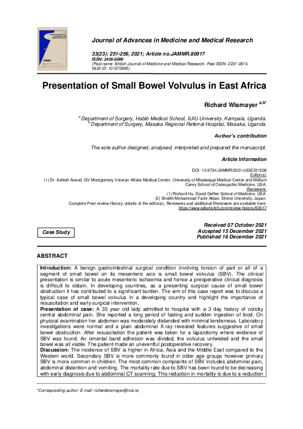 (PDF) Presentation of Small Bowel Volvulus in East Africa