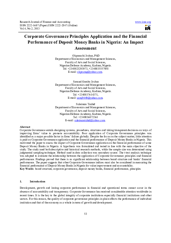 (PDF) Corporate Governance Principles Application and the