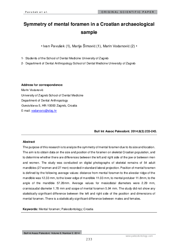 (PDF) Symmetry of mental foramen in a Croatian archaeological sample