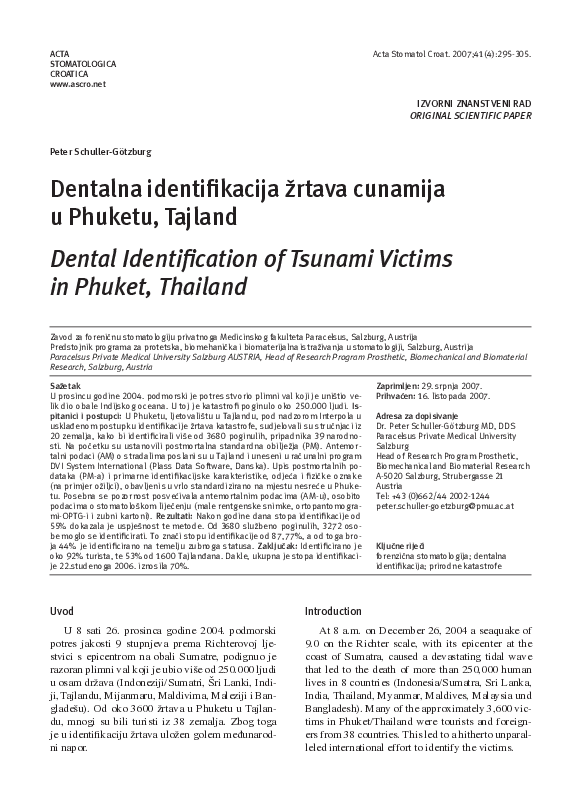(PDF) Acta Stomatologica Croatica 2007-4 Dental Identification of Tsunami Victims in Phuket ...