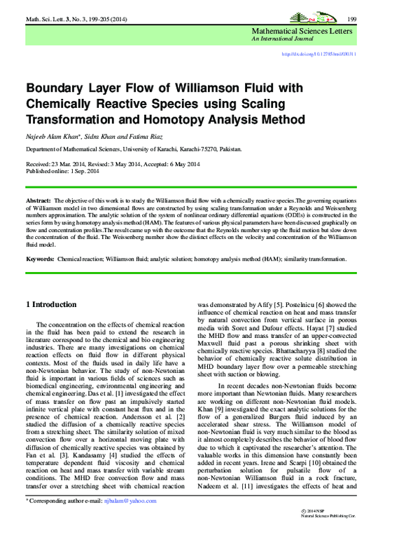 Boundary Layer Flow of Williamson Fluid with Chemically Reactive Species using Scaling ...