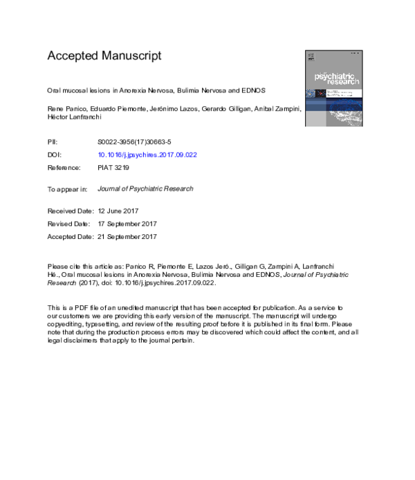 (PDF) Oral mucosal lesions in Anorexia Nervosa, Bulimia Nervosa and EDNOS