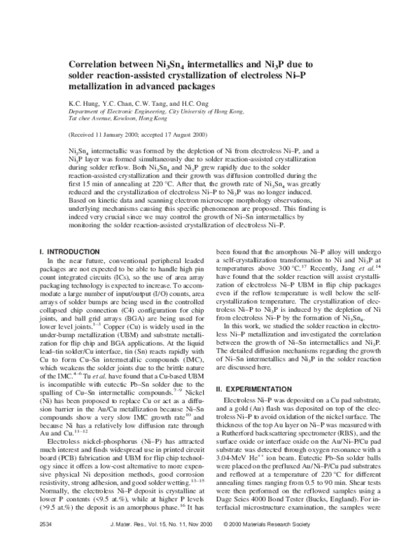 (PDF) Correlation between Ni3Sn4 intermetallics and Ni3P due to solder ...