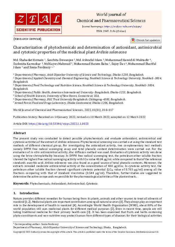 (PDF) Characterization of phytochemicals and determination of antioxidant, antimicrobial and ...