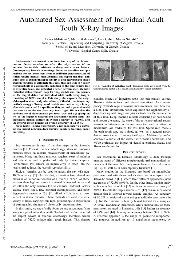 Pdf Automated Sex Assessment Of Individual Adult Tooth X Ray Images