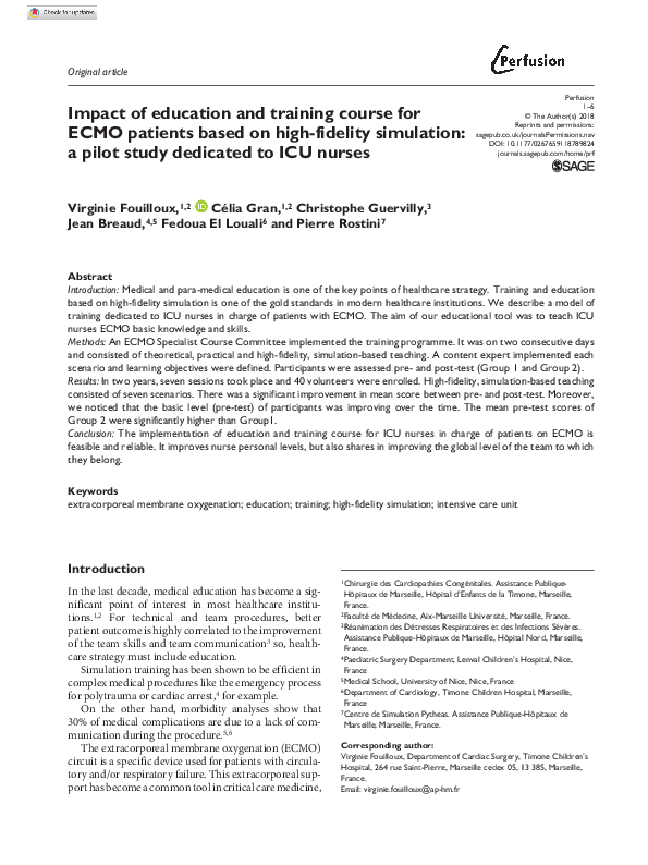 (PDF) Impact of education and training course for ECMO patients based on high-fidelity ...