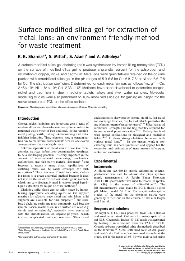 (PDF) Surface modified silica gel for extraction of metal ions: an environment friendly method ...