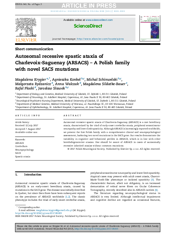 (PDF) Autosomal recessive spastic ataxia of Charlevoix–Saguenay: An overview