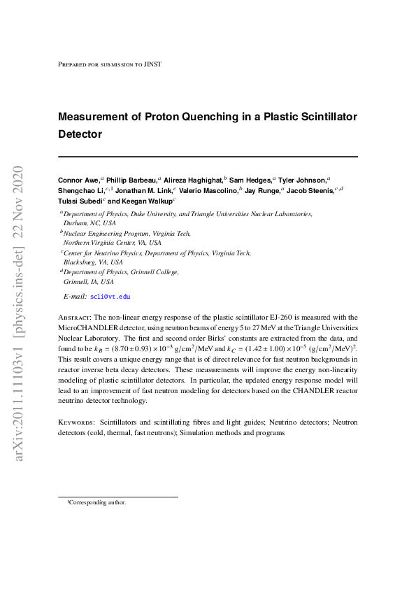 (PDF) Measurement of proton quenching in a plastic scintillator detector