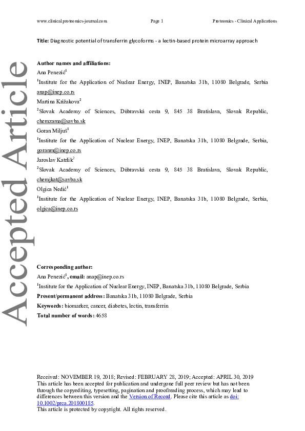 (PDF) Diagnostic Potential of Transferrin Glycoforms—A Lectin‐Based ...