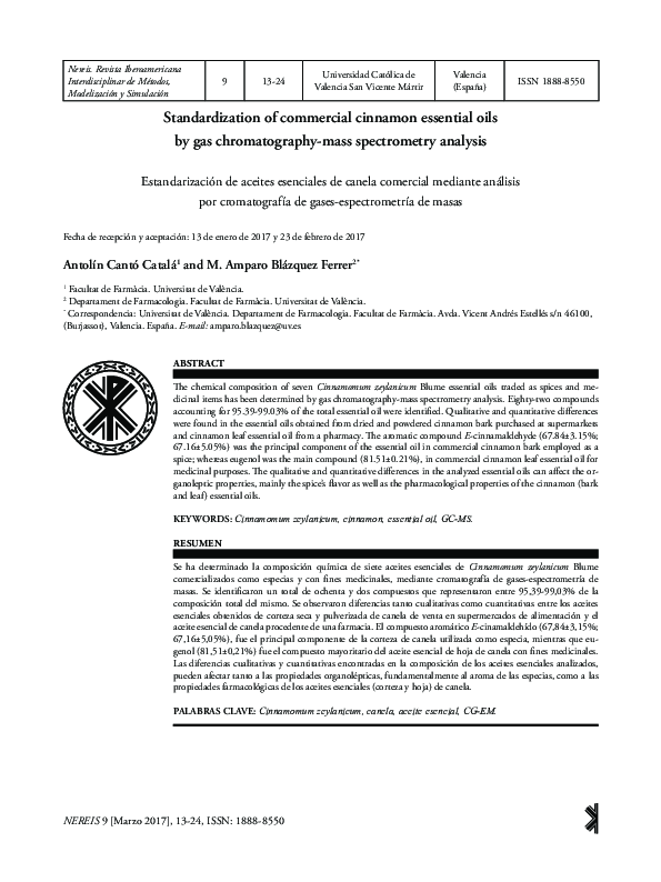 (PDF) Standardization of commercial cinnamon essential oils by gas chromatography-mass ...