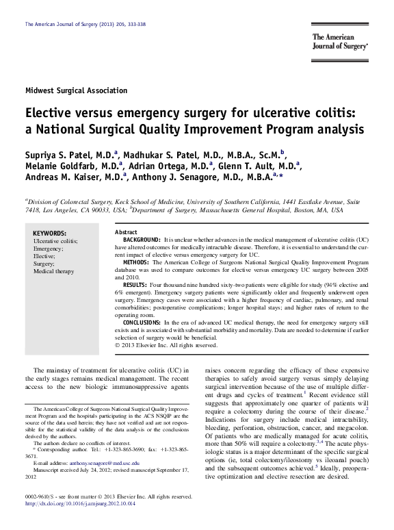 (PDF) Elective versus emergency surgery for ulcerative colitis: a National Surgical Quality ...
