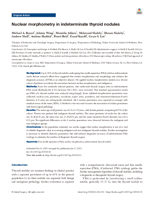 (PDF) Nuclear morphometry in indeterminate thyroid nodules