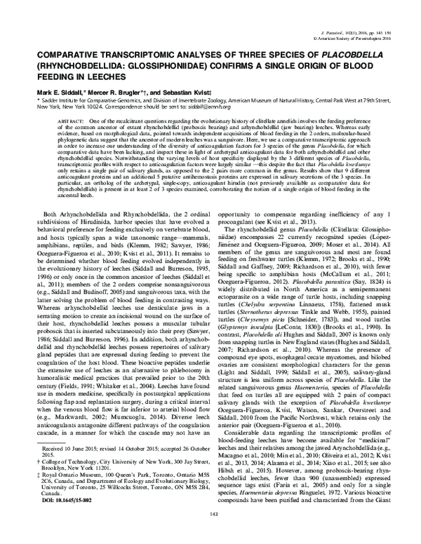 (PDF) Comparative Transcriptomic Analyses of 3 Species of Placobdella ...