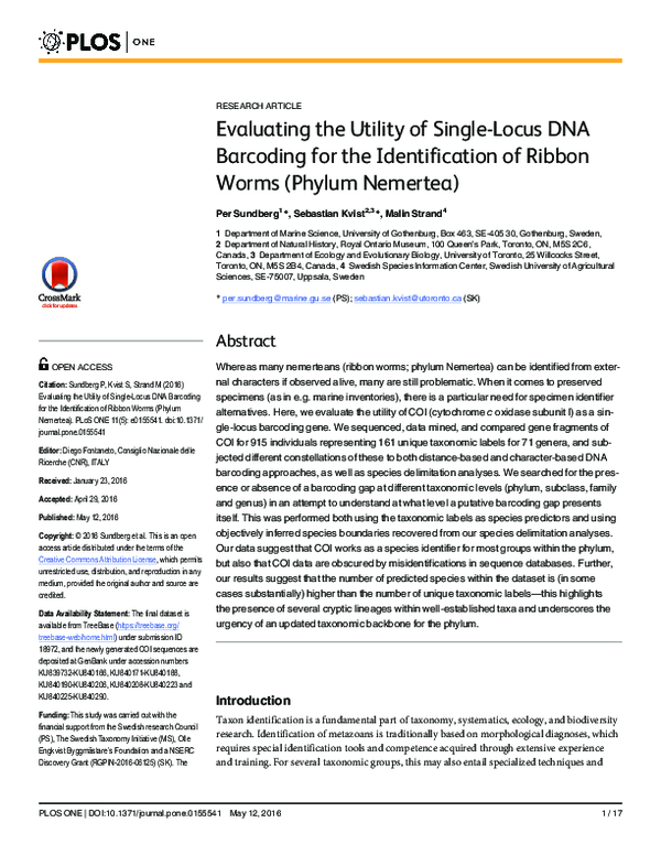 (PDF) Evaluating the Utility of Single-Locus DNA Barcoding for the ...