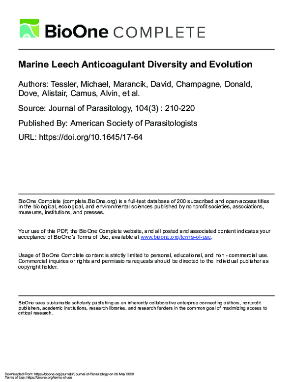 (PDF) Marine Leech Anticoagulant Diversity and Evolution