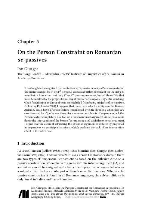 (PDF) On the Person Constraint on Romanian se-passives