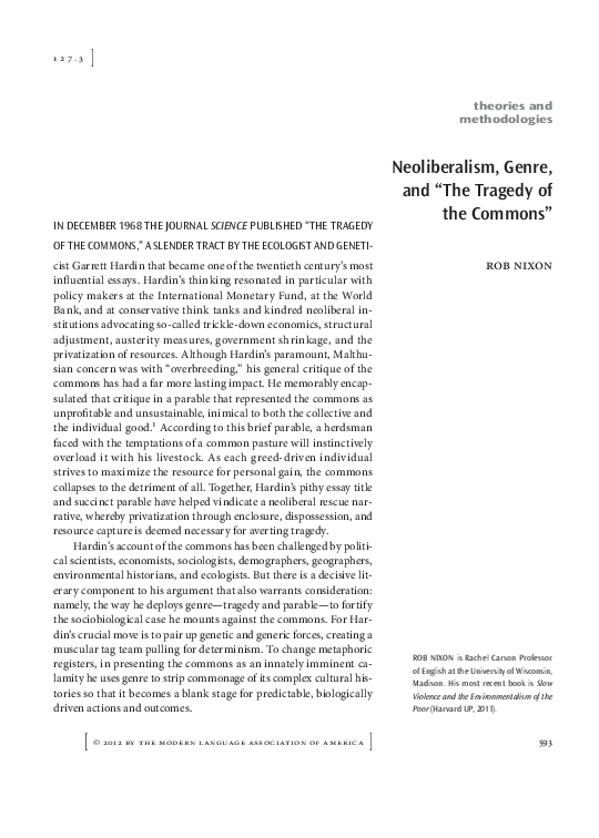 (PDF) Neoliberalism, Genre, and “The Tragedy of the Commons” | Rob ...