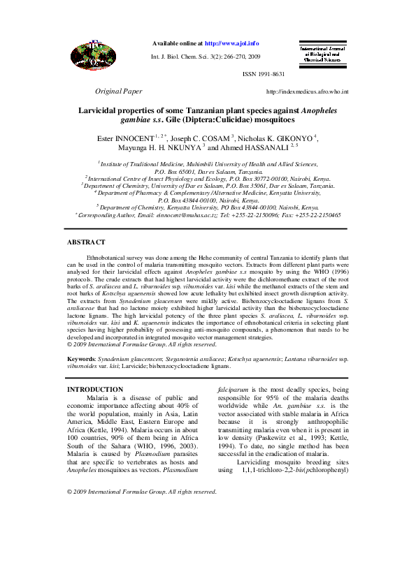 (PDF) Larvicidal properties of some Tanzanian plant species against ...