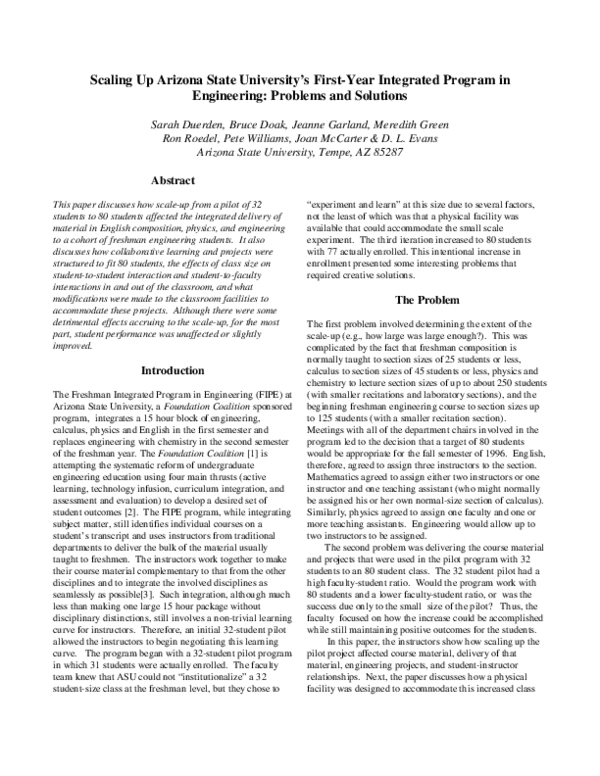 (PDF) Scaling up Arizona State University's first-year integrated program in engineering ...