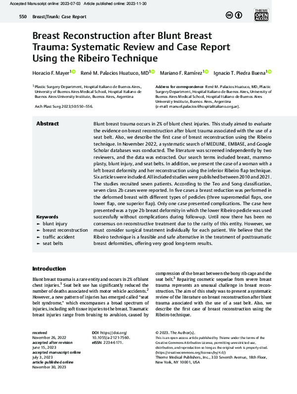 (PDF) Breast reconstruction after blunt breast trauma: Systematic review and case report using ...