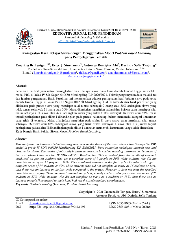 Peningkatan Hasil Belajar Siswa dengan Menggunakan Model Problem Based Learning pada ...