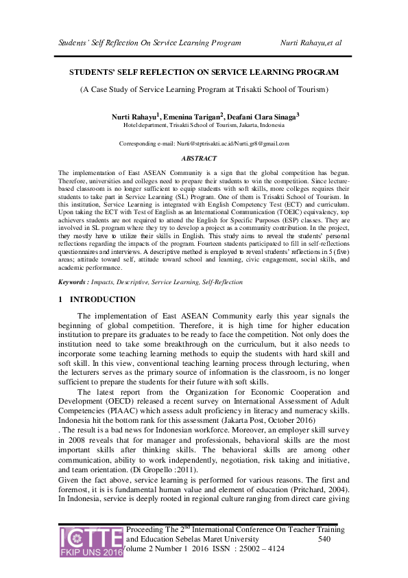 (PDF) Students’ Self Reflection on Service Learning Program | Emenina ...