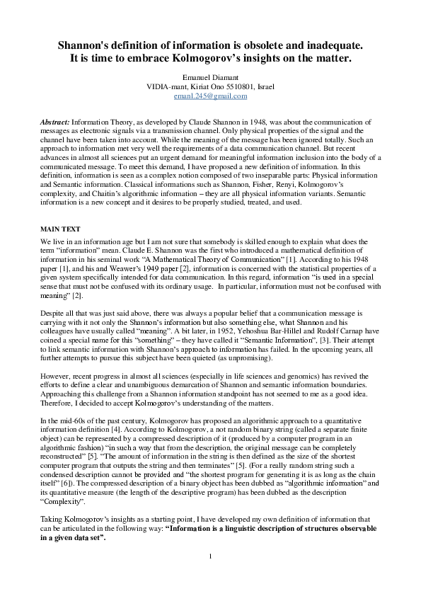 (PDF) Shannon's Definition of Information is Obsolete and Inadequate ...