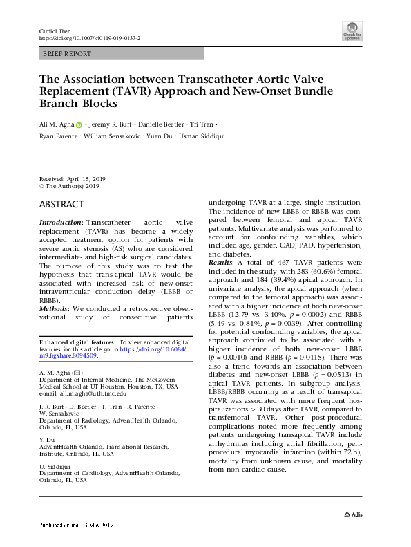 (PDF) The Association between Transcatheter Aortic Valve Replacement (TAVR) Approach and New ...
