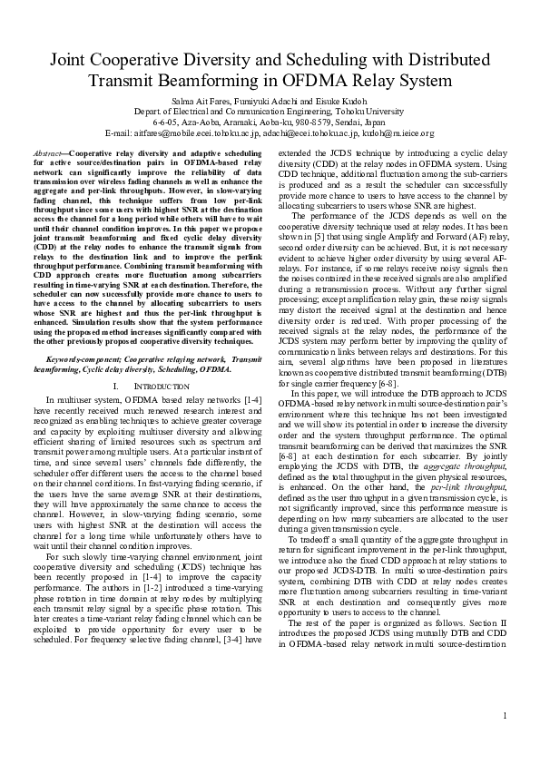 Pdf Joint Cooperative Diversity And Scheduling With Distributed Transmit Beamforming In Ofdma