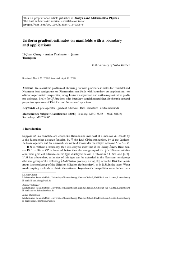 Pdf Uniform Gradient Estimates On Manifolds With A Boundary And Applications