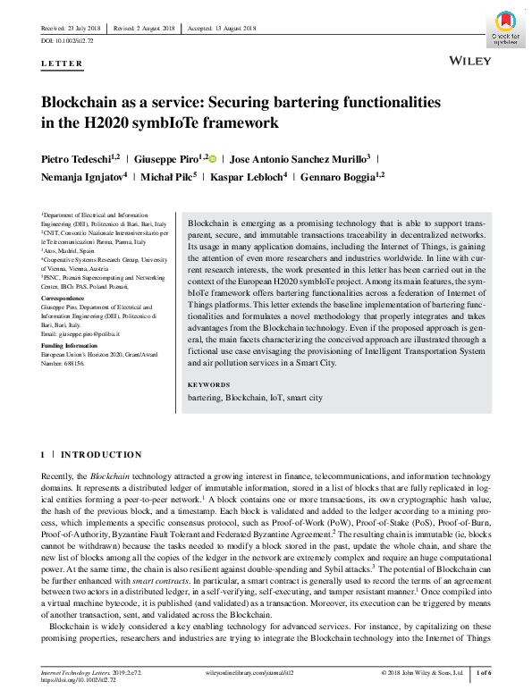 (PDF) Blockchain as a service: Securing bartering functionalities in the H2020 symbIoTe framework