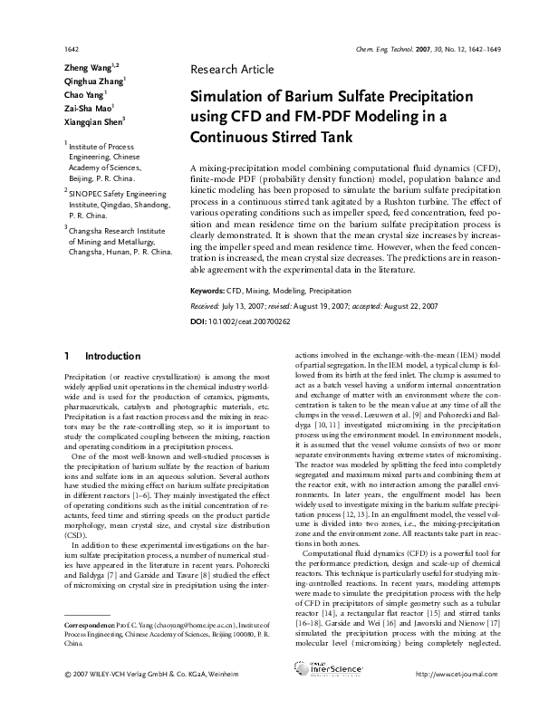 (PDF) Simulation of Barium Sulfate Precipitation using CFD and FM‐PDF Modeling in a Continuous ...