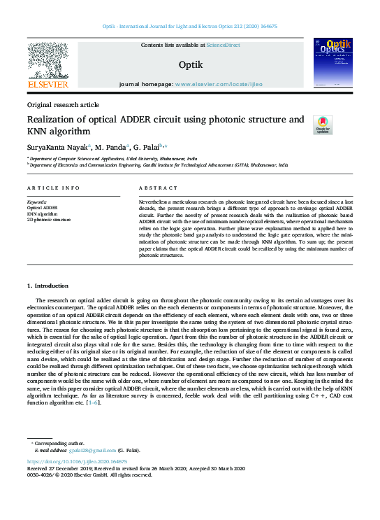 Pdf Realization Of Optical Adder Circuit Using Photonic Structure And Knn Algorithm