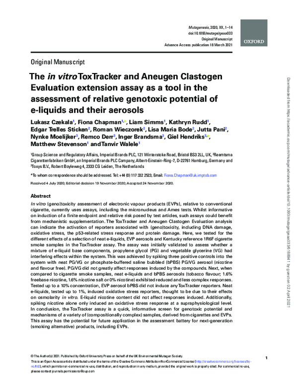 (PDF) The in vitro ToxTracker and Aneugen Clastogen Evaluation ...