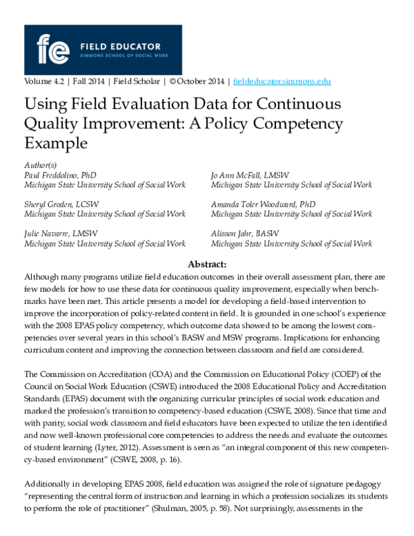 (PDF) Using Field Evaluation Data for Continuous Quality Improvement: A ...