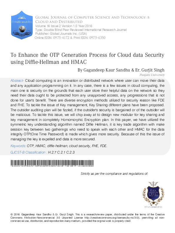 (PDF) To Enhance the OTP Generation Process for Cloud Data Security using Diffie-Hellman and HMAC