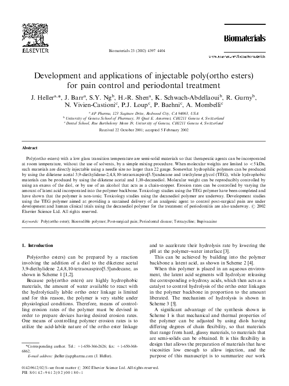 Development and applications of injectable poly(ortho esters) for pain ...