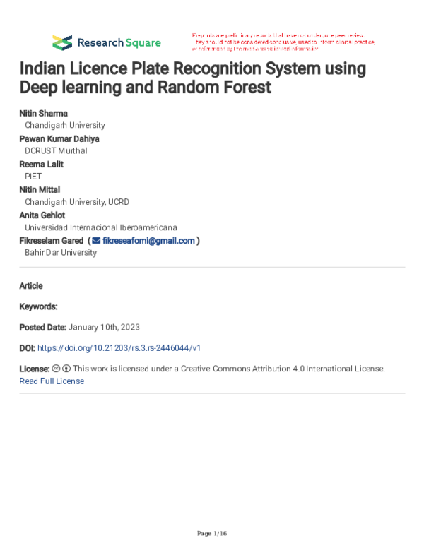 (PDF) Indian Licence Plate Recognition System using Deep learning and Random Forest
