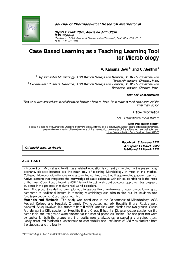 (PDF) Case Based Learning as a Teaching Learning Tool for Microbiology