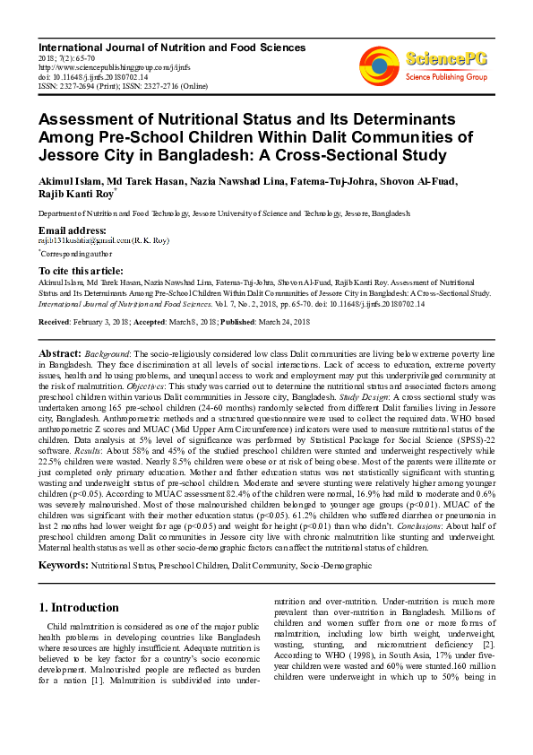 (PDF) Assessment of Nutritional Status and Its Determinants Among Pre-School Children Within ...