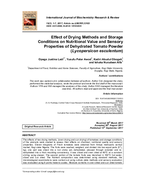 (PDF) Effect of Drying Methods and Storage Conditions on Nutritional Value and Sensory ...