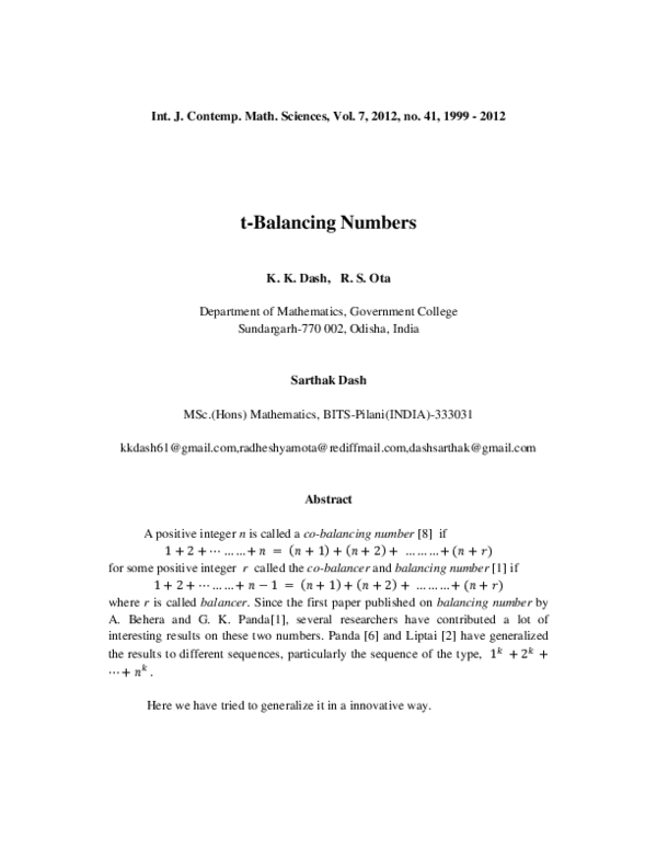 (PDF) t-Balancing Numbers
